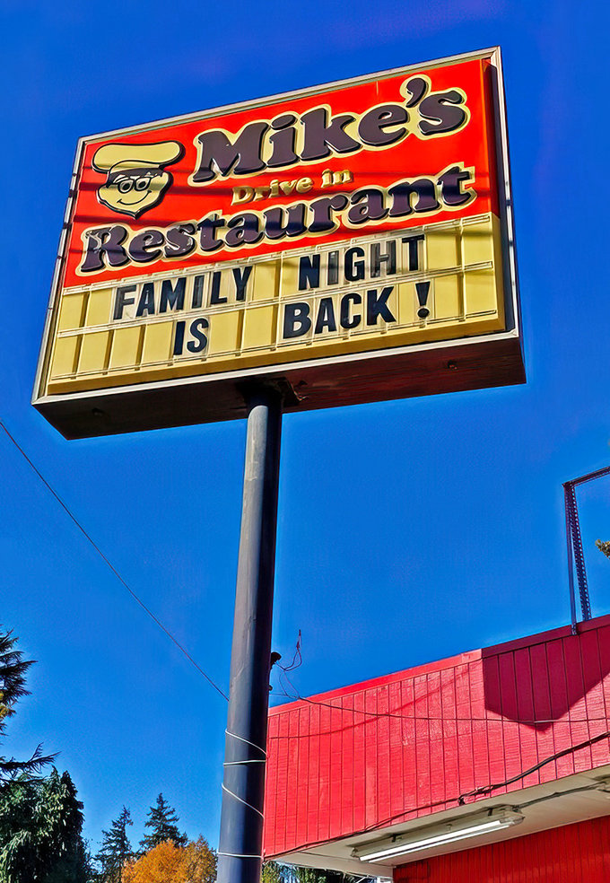 "Family Night Is Back!" proclaims the sign, because Mike's isn't just selling food&mdash;it's preserving a tradition of togetherness around great burgers.