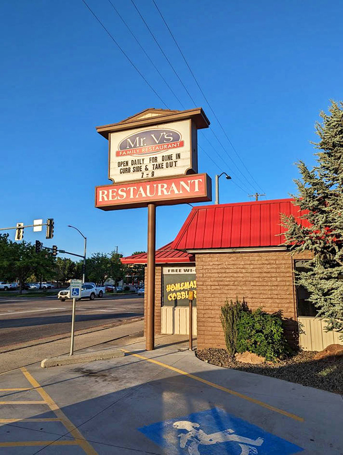 The iconic Mr. V's sign stands as a beacon of hope for hungry travelers. Open daily 6-9, those hours aren't just a schedule&mdash;they're a community service.
