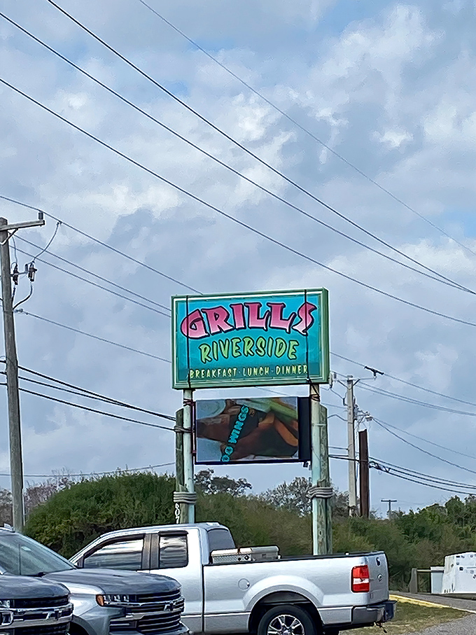 The sign promises three essential meals a day, but what it really offers is a temporary escape from reality.