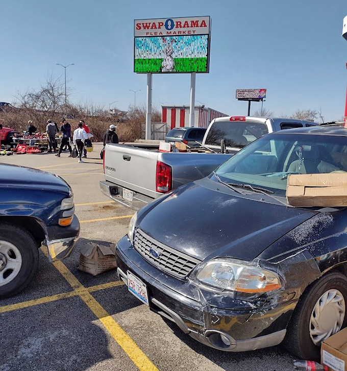 The parking lot scene resembles a tailgate party where the main event is finding treasures instead of watching touchdowns.