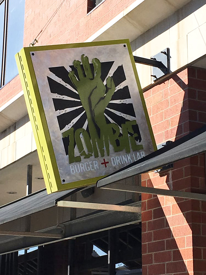 The iconic sign announces your arrival at ground zero for gourmet zombie cuisine. That green hand has guided many hungry pilgrims home.