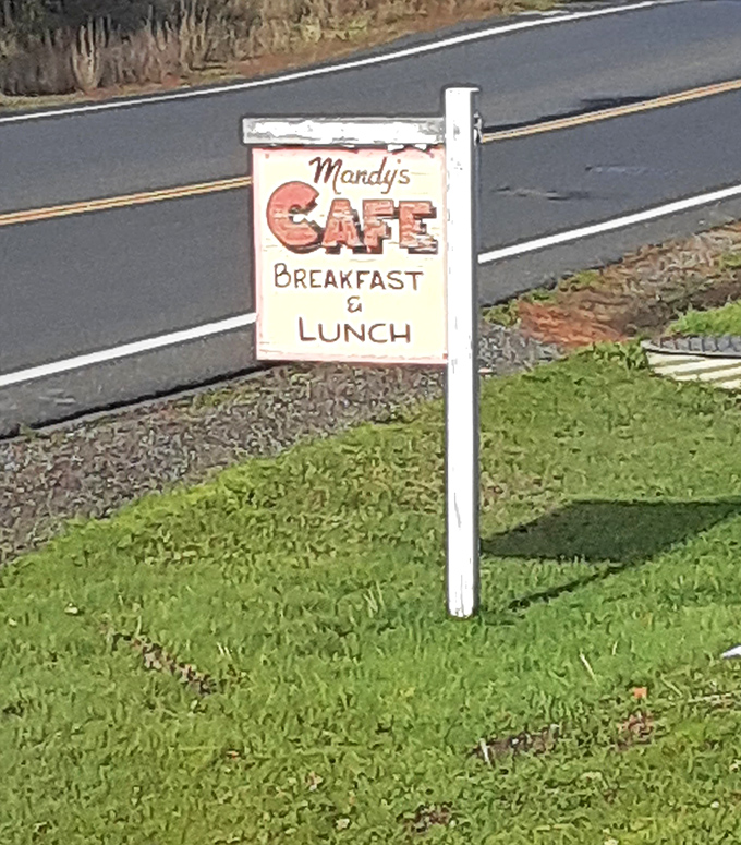 The roadside sign beckons hungry travelers like a breakfast lighthouse guiding ships to safe harbor. Follow it to find morning salvation.