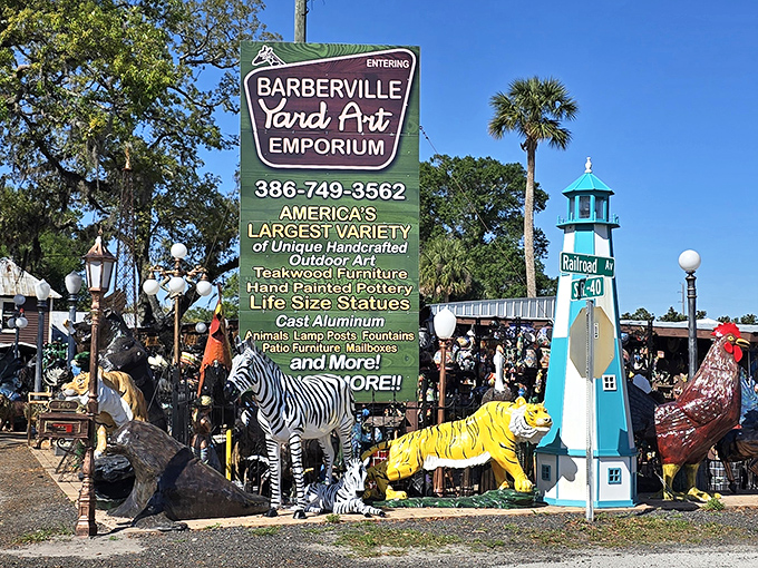The entrance sign promises "America's largest variety" of outdoor art, a bold claim that the surrounding concrete zoo enthusiastically supports.