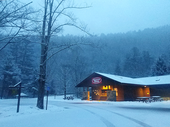 The park's snack shop looks even more inviting when wrapped in winter's quiet blanket of snow.