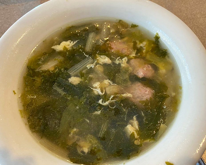 Wedding soup with those tiny meatballs playing hide-and-seek in the broth. This is the soup equivalent of comfort television&mdash;familiar but never boring.