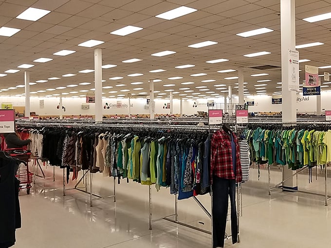 The vastness of CommunityAid's interior is breathtaking&mdash;clothing organized by color creates a visual feast while making shopping surprisingly efficient.