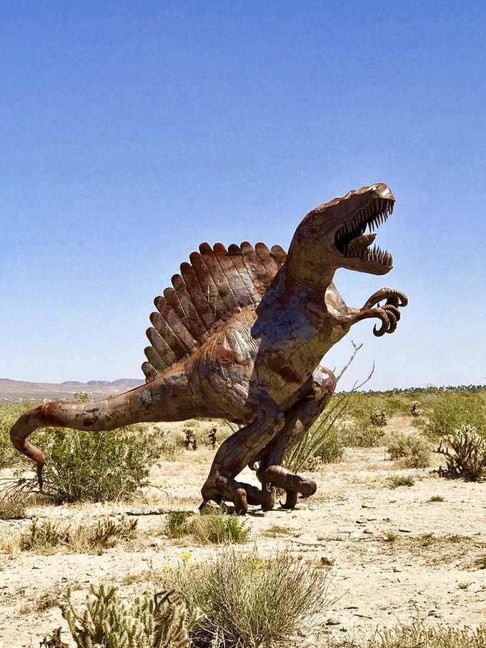 "I'm pretty sure this is what kept Jeff Goldblum running in Jurassic Park." The T-Rex sculpture brings prehistoric terror to the desert.