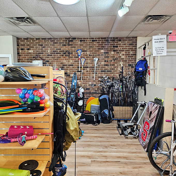 The sports equipment section stands ready for adventure. Those golf clubs might not improve your swing, but they'll definitely improve your budget.