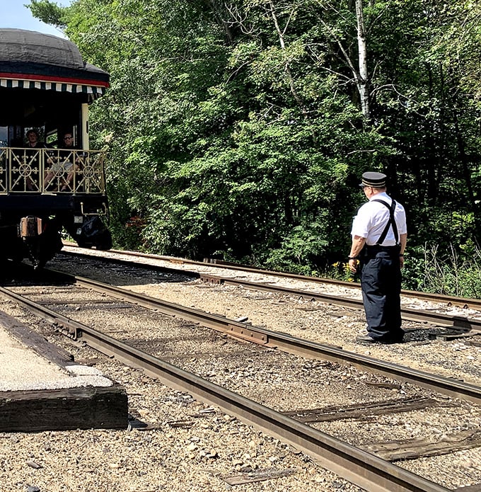 The conductor stands ready, a guardian of railroad tradition in crisp uniform. Some professions still carry the dignified air of a bygone era.