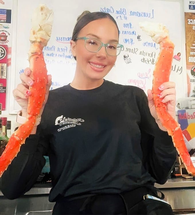 The staff proudly displays the star attraction&mdash;crab legs so impressive they deserve their own red carpet entrance.