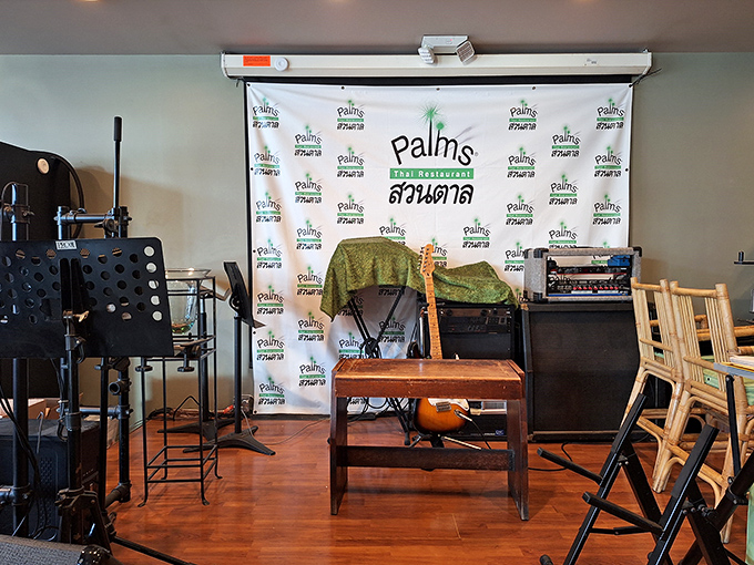 Every great restaurant has a story to tell. This modest stage area hints at Palms Thai's colorful history and community connections.