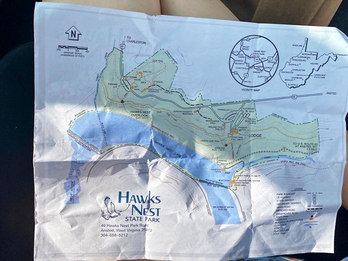 The treasure map to adventure! Hawks Nest's trail guide reveals hidden gems throughout the park's 270 acres of woodland, overlooks, and riverside attractions.