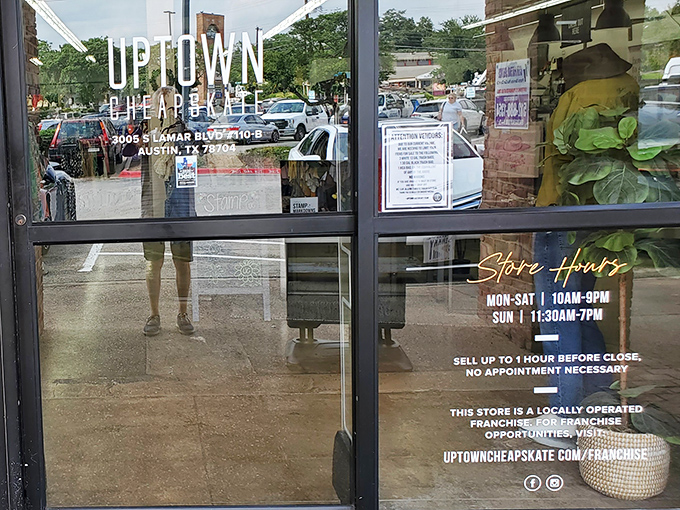 The storefront reveals the practical details &ndash; hours, location, and a promise of treasure hunting seven days a week.