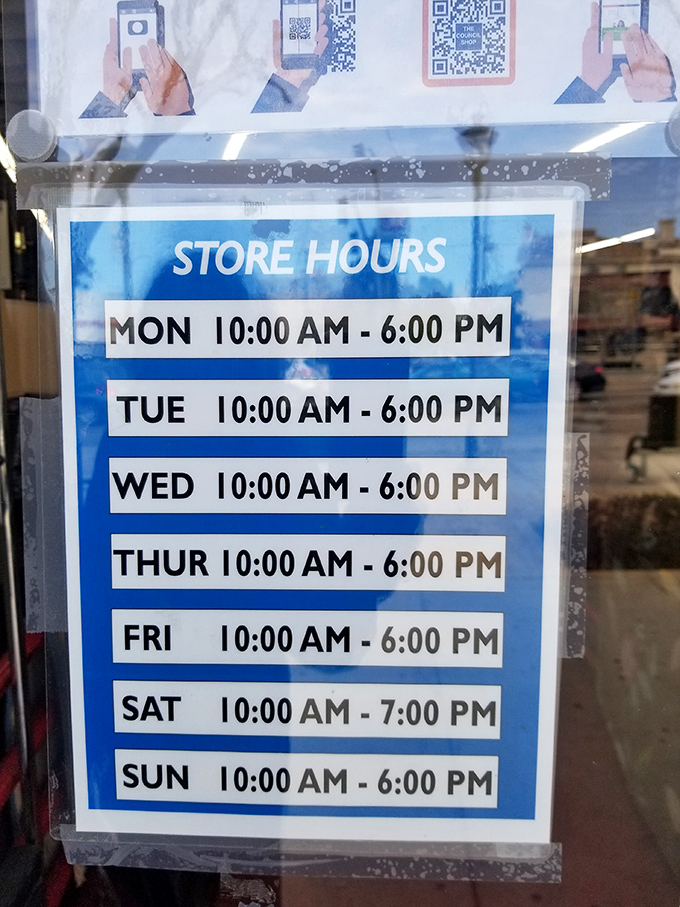 The hours of operation&mdash;or as thrift enthusiasts call it, "the schedule for treasure hunting expeditions." Note Saturday's extended hours for weekend warriors.