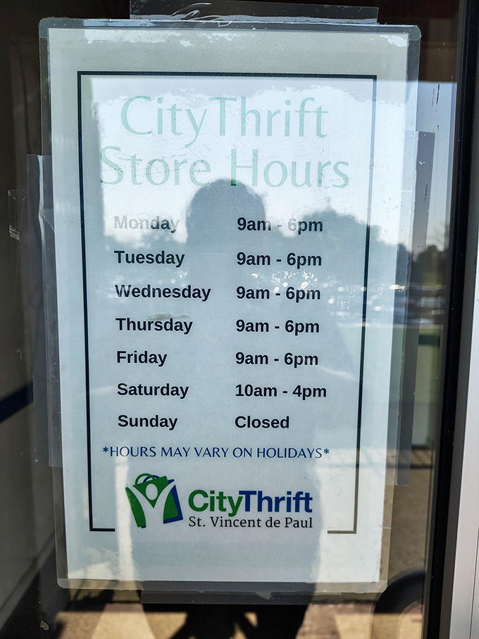 Store hours posted clearly&mdash;the sacred schedule that serious thrifters commit to memory like devout followers of a particularly affordable religion.