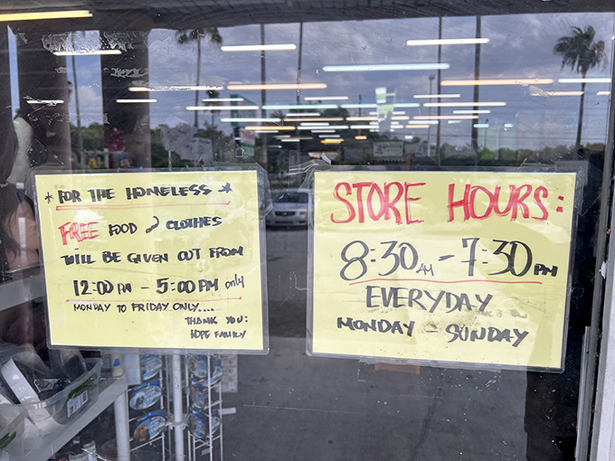 The store hours sign reveals Hope Thrift's community mission&mdash;providing free food and clothing to those in need while serving bargain hunters seven days a week.