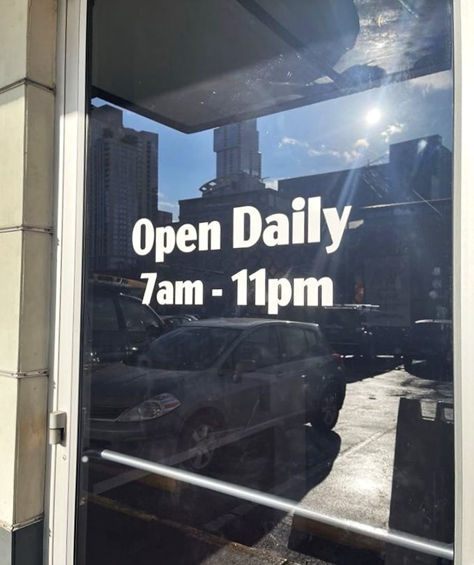 Those hours on the door aren't just information &ndash; they're a promise that comfort food awaits whether you're an early bird or night owl.