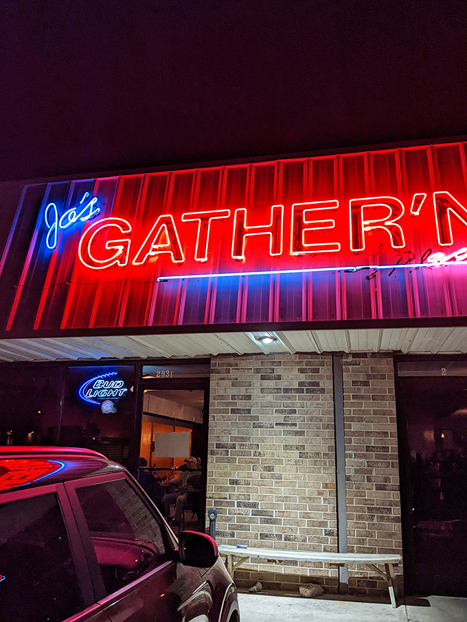 The neon glow of Jo's at night acts like a beacon for hungry souls seeking refuge from chain restaurant mediocrity.