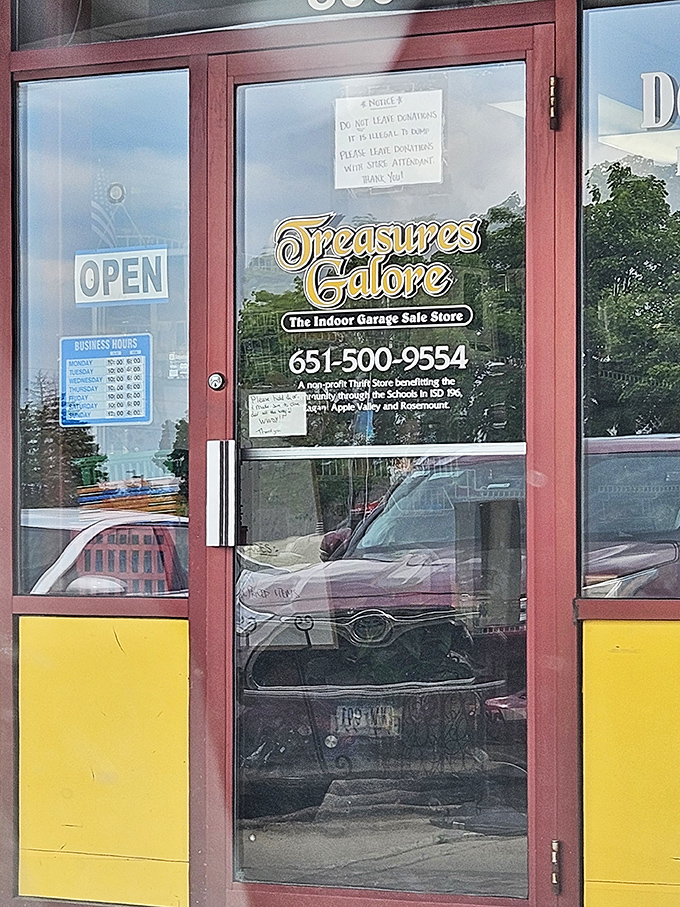 The front door reveals Treasures Galore's true identity&mdash;a non-profit thrift store benefiting local schools. Shopping with purpose!