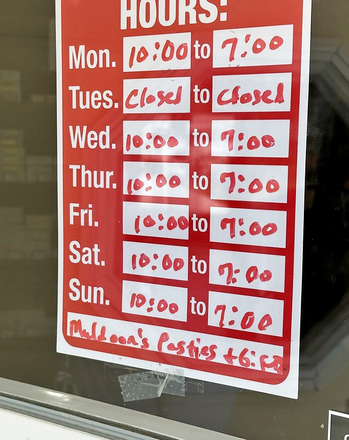 The hours tell the story&mdash;open six days a week because even pasty perfection requires a day of rest. Plan accordingly, hungry travelers! 