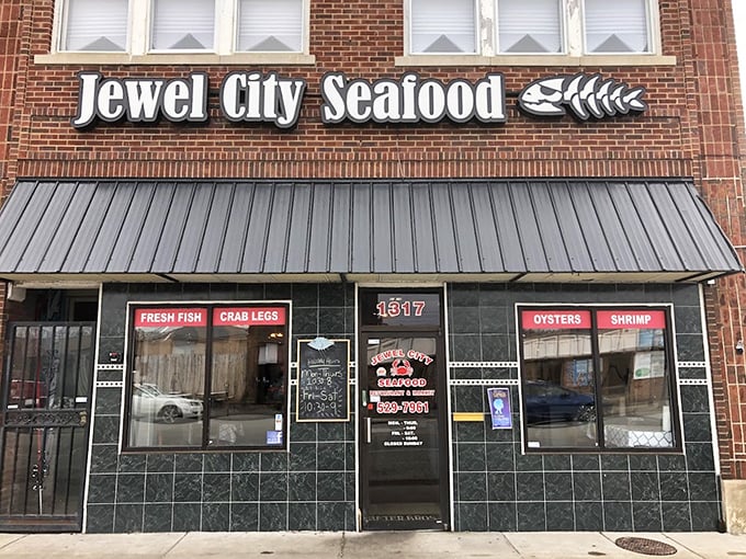 The storefront announces its purpose with no pretense&mdash;just straightforward signage promising exactly what you'll find inside: excellent seafood in the heart of Huntington.
