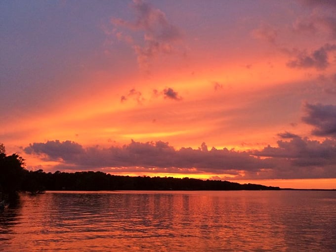 Lake Marion's sunset transforms water into liquid fire, creating the kind of moment that makes smartphone cameras seem woefully inadequate.