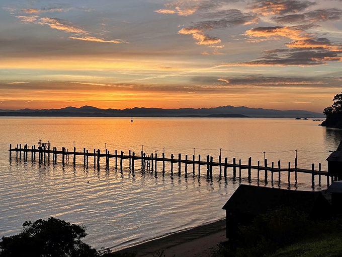 Sunset transforms San Pablo Bay into liquid gold, silhouetting the historic pier in a daily light show that rivals any Vegas spectacular.