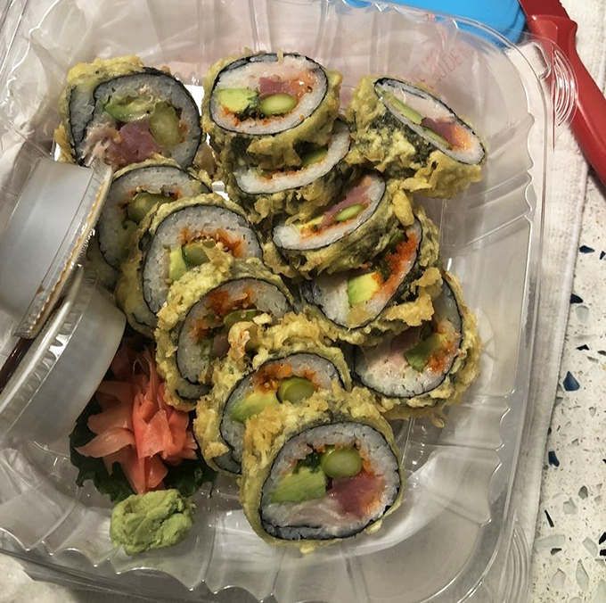 This tempura-fried sushi roll proves that sometimes breaking tradition leads to delicious innovation – crispy, creamy, and utterly craveable.