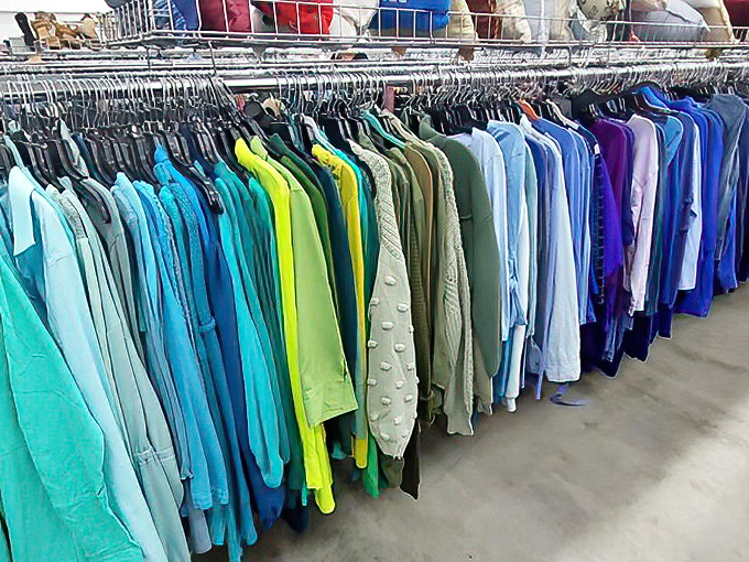 The rainbow of repurposed fashion. These color-coordinated shirts are ready for their second act in someone's carefully curated closet.
