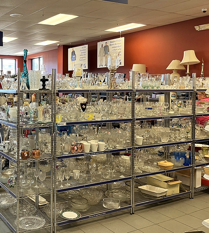 Crystal and glassware gleam under fluorescent lights, from everyday tumblers to elegant stemware that would make your grandmother nod in approval.