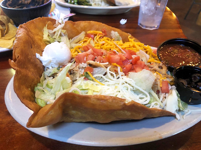 The taco salad arrives in a crispy shell large enough to have its own zip code&mdash;a mountain of freshness that's as impressive as the Rockies.
