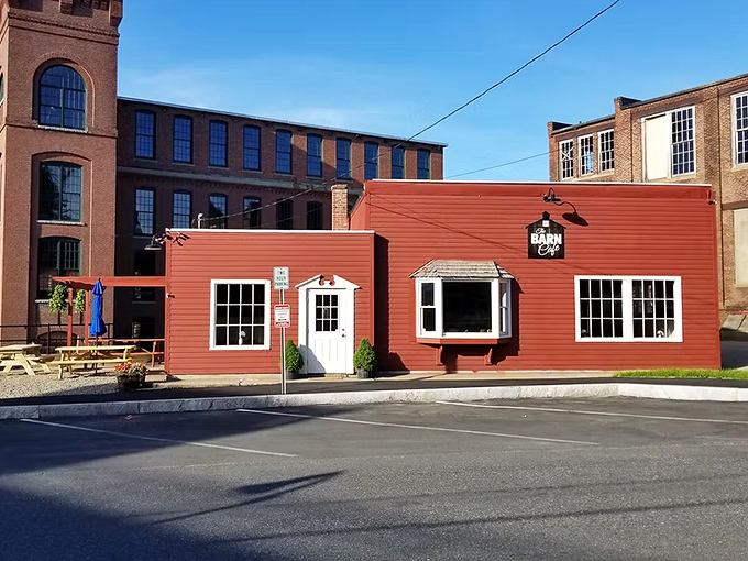 The Barn Cafe nestles among repurposed mill buildings, serving comfort food that costs less than your heating bill elsewhere.