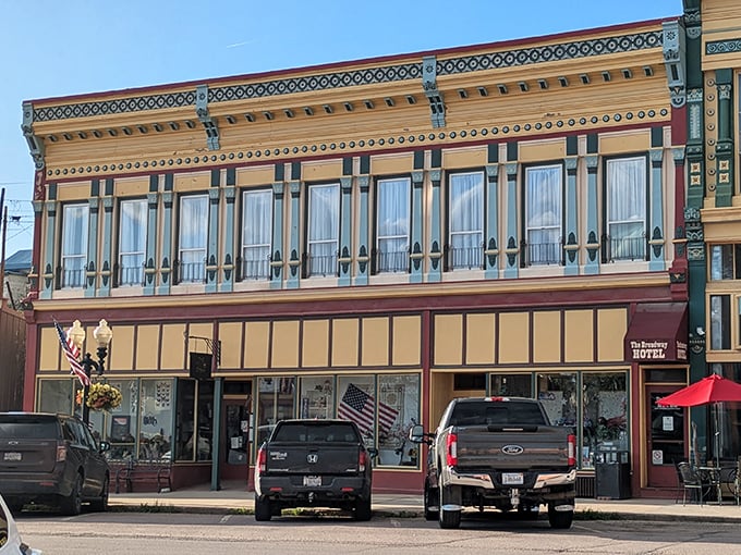 The Broadway Hotel stands as a Victorian grande dame overlooking the town she's watched over for generations, her painted facade a masterclass in Western elegance.