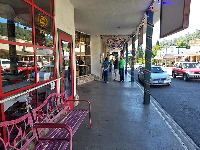 The covered walkways of Mariposa's shops offer shade from the California sun and a perfect spot to people-watch with an ice cream cone.