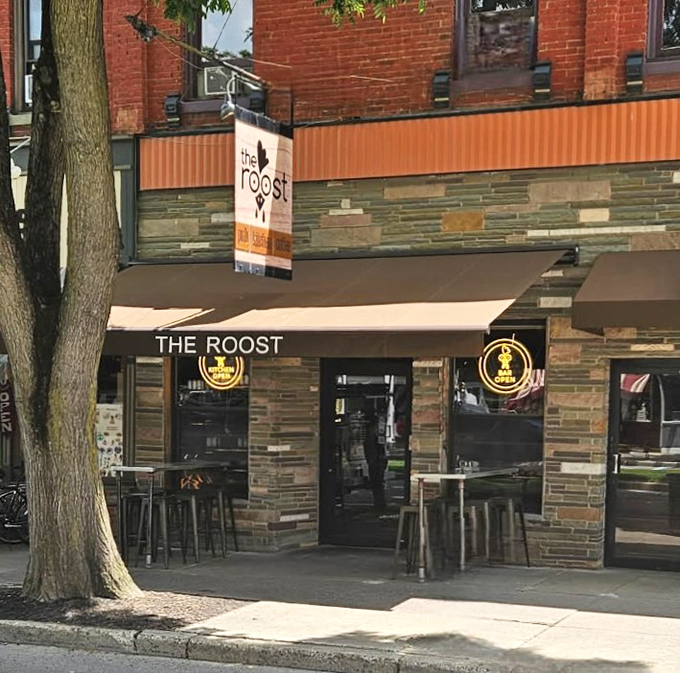 The Roost offers a perfect perch for people-watching while sipping something that doesn't require a dictionary to pronounce.