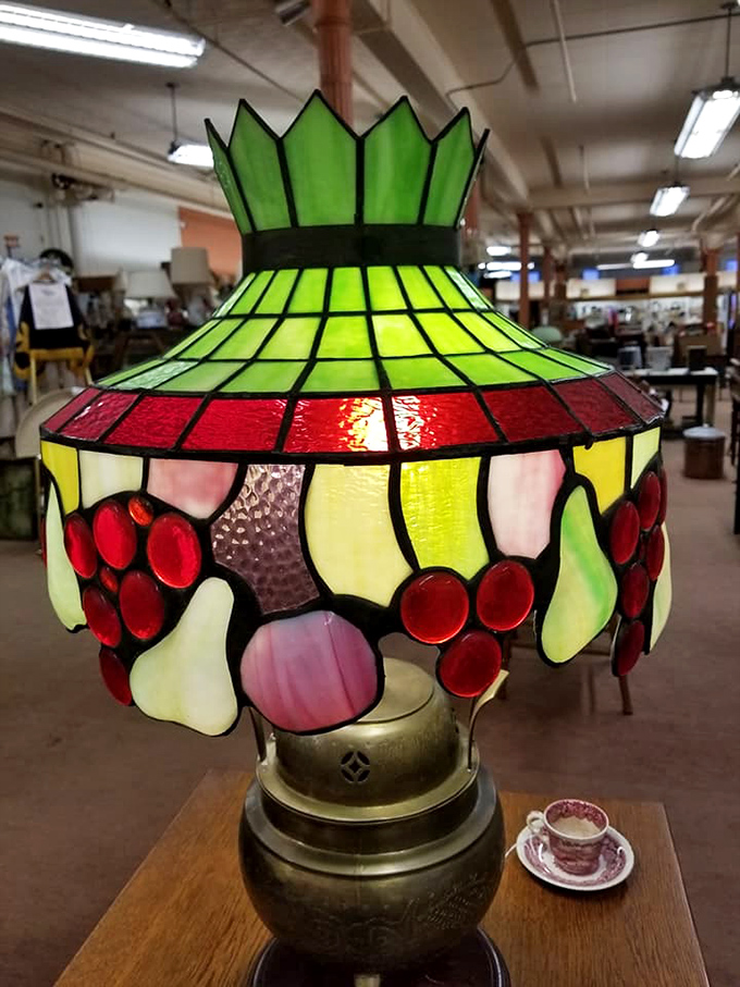 Stained glass lamps transform ordinary light into art, casting fruit-colored shadows that no smartphone app can replicate.