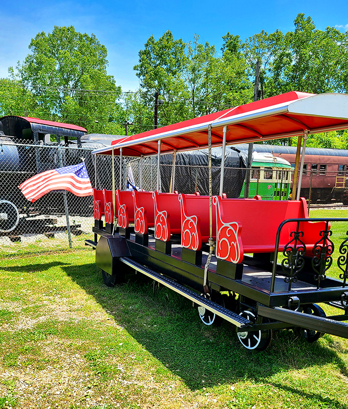 All aboard the museum's charming tour train&mdash;those red seats have carried generations of wide-eyed visitors through railroad history.