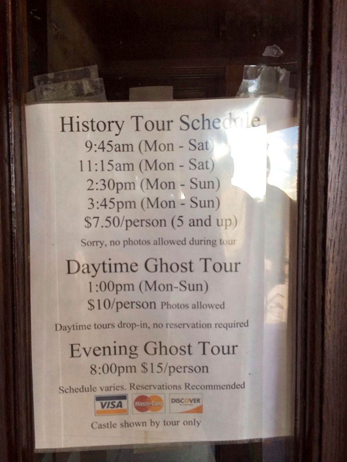The tour schedule reveals the castle's dual personality&mdash;historical landmark by day, ghost-hunting hotspot by night. Your credit card works in both realms.