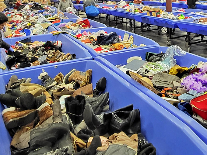 Where shoes go to find sole mates. Each bin contains possibilities for fashion statements or practical solutions on a budget.