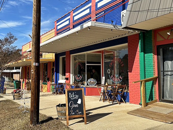 Two Ghosts Coffee brings vibrant color to Dadeville's streetscape. The "We're Open" sign might be the most welcome phrase in any language after retirement.