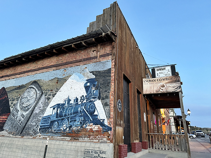 Urban Cowboy's striking locomotive mural celebrates the railroad heritage that once connected this remote outpost to the world.