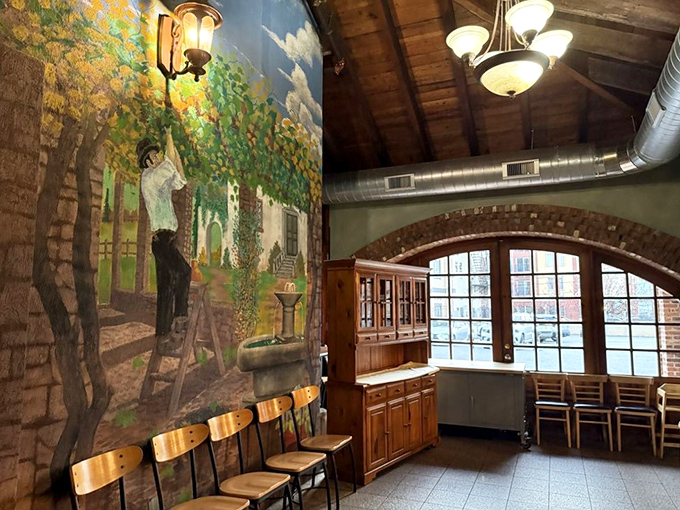 A mural that tells stories while you wait for your table. This artistic corner proves that even the restaurant's waiting area refuses to be boring.