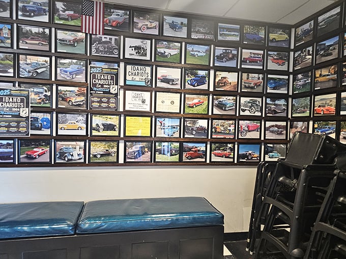 Car enthusiasts can feast their eyes while feasting their stomachs – this wall of automotive history provides visual appetizers before the main course arrives.