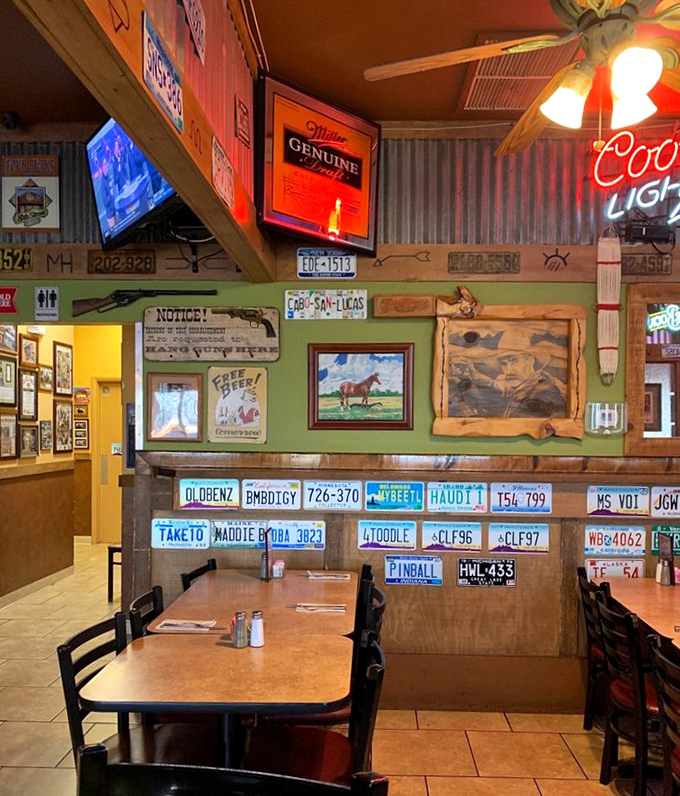 Every inch of wall space tells a story&mdash;from license plates to cowboy art. This isn't decoration; it's a visual history of western Americana.