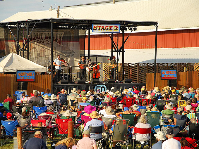 The Walnut Valley Festival transforms Winfield into bluegrass heaven each September. Those folding chairs hold seasoned music lovers who know all the best songs. 
