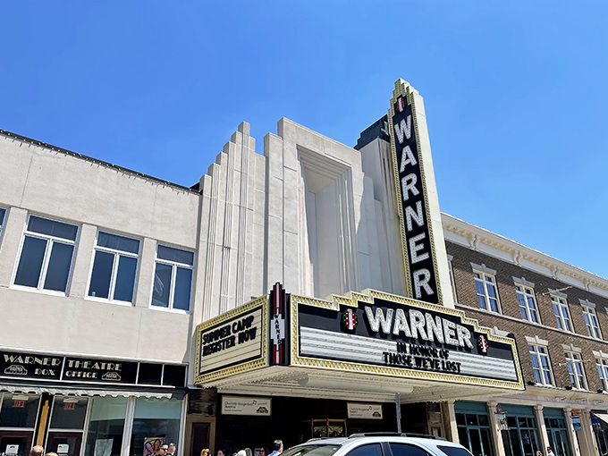 The Warner Theatre's Art Deco facade remains the star of Main Street's architectural ensemble cast.