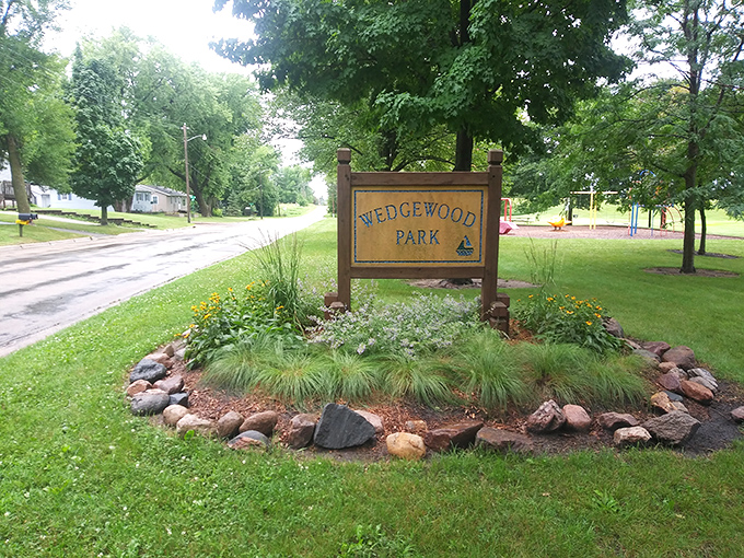 Wedgewood Park's thoughtfully landscaped entrance proves that Midwesterners take their park aesthetics as seriously as their casserole recipes.