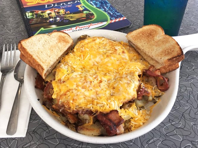 The Western skillet&mdash;where breakfast ingredients gather for their most delicious group photo. Those toast slices are just waiting for their moment.