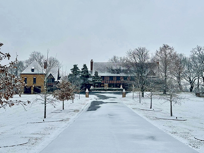 Snow blankets a stately home, showcasing Independence's seasonal beauty and the cozy winter lifestyle that awaits budget-conscious retirees.