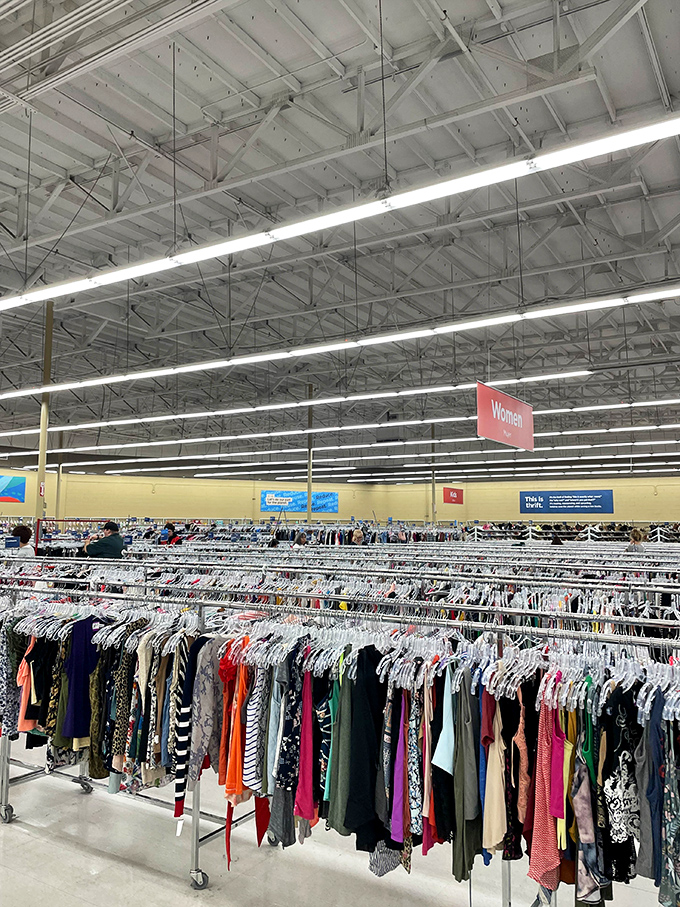 The women's clothing section stretches to the horizon, a sea of fabrics and patterns organized with surprising military precision.